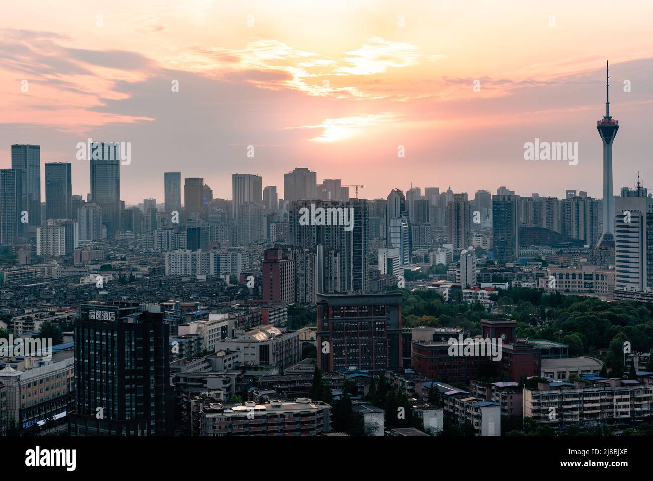 Chengdu skyline at sunset Stock Photo - Alamy