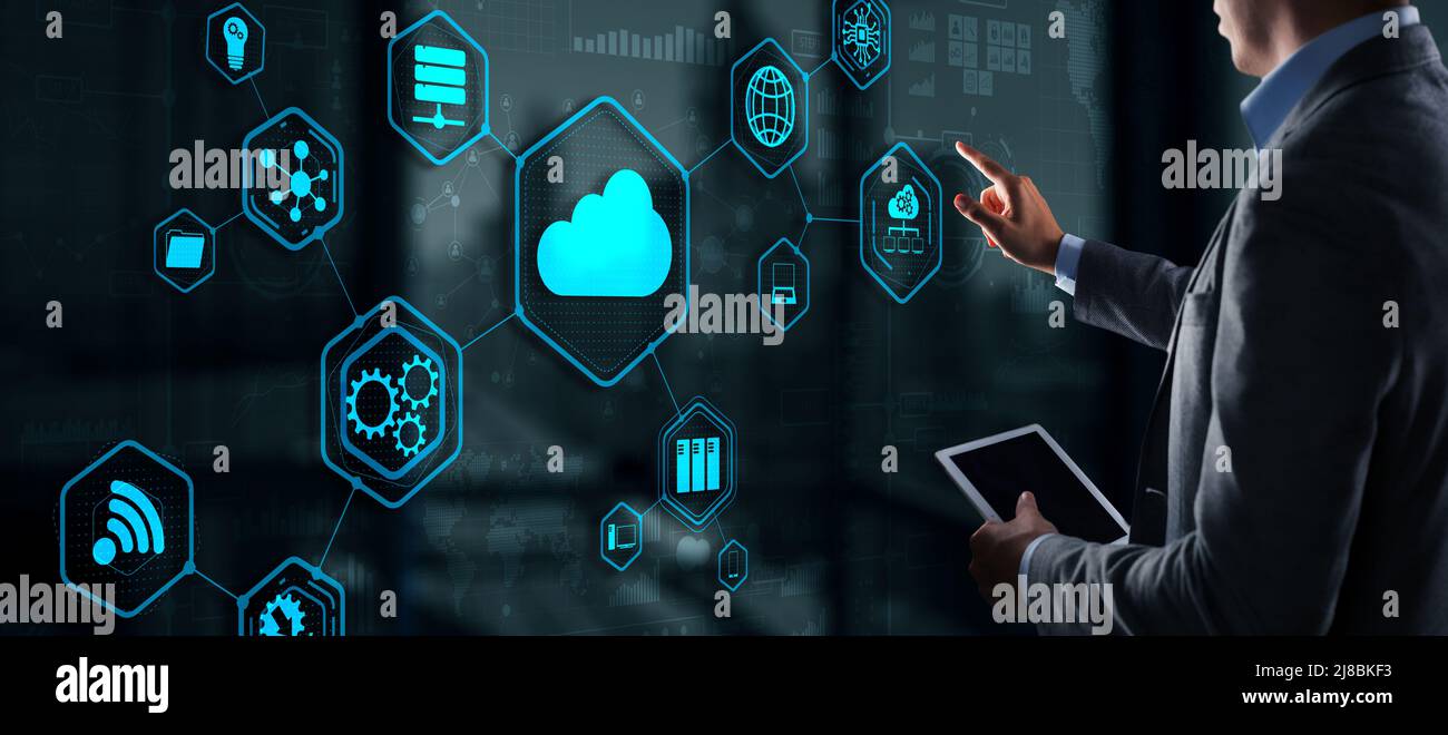 Futuristic Display. Cloud computing touchscreen interface business man finger touch cloud Stock ...