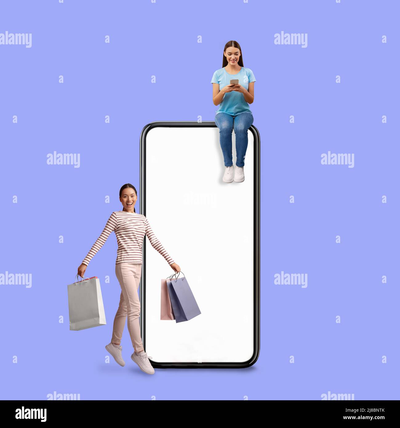 Shopping App. Happy Asian Woman Jumping With Shopper Bags Near Blank ...
