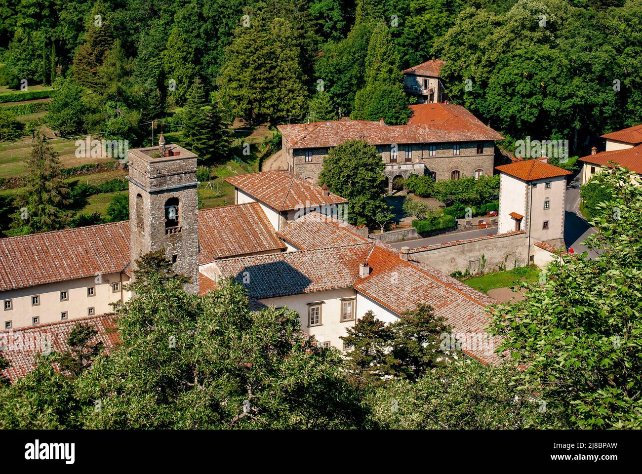Aerial view of the Abbey of Vallombrosa, surrounded by forests of beech ...