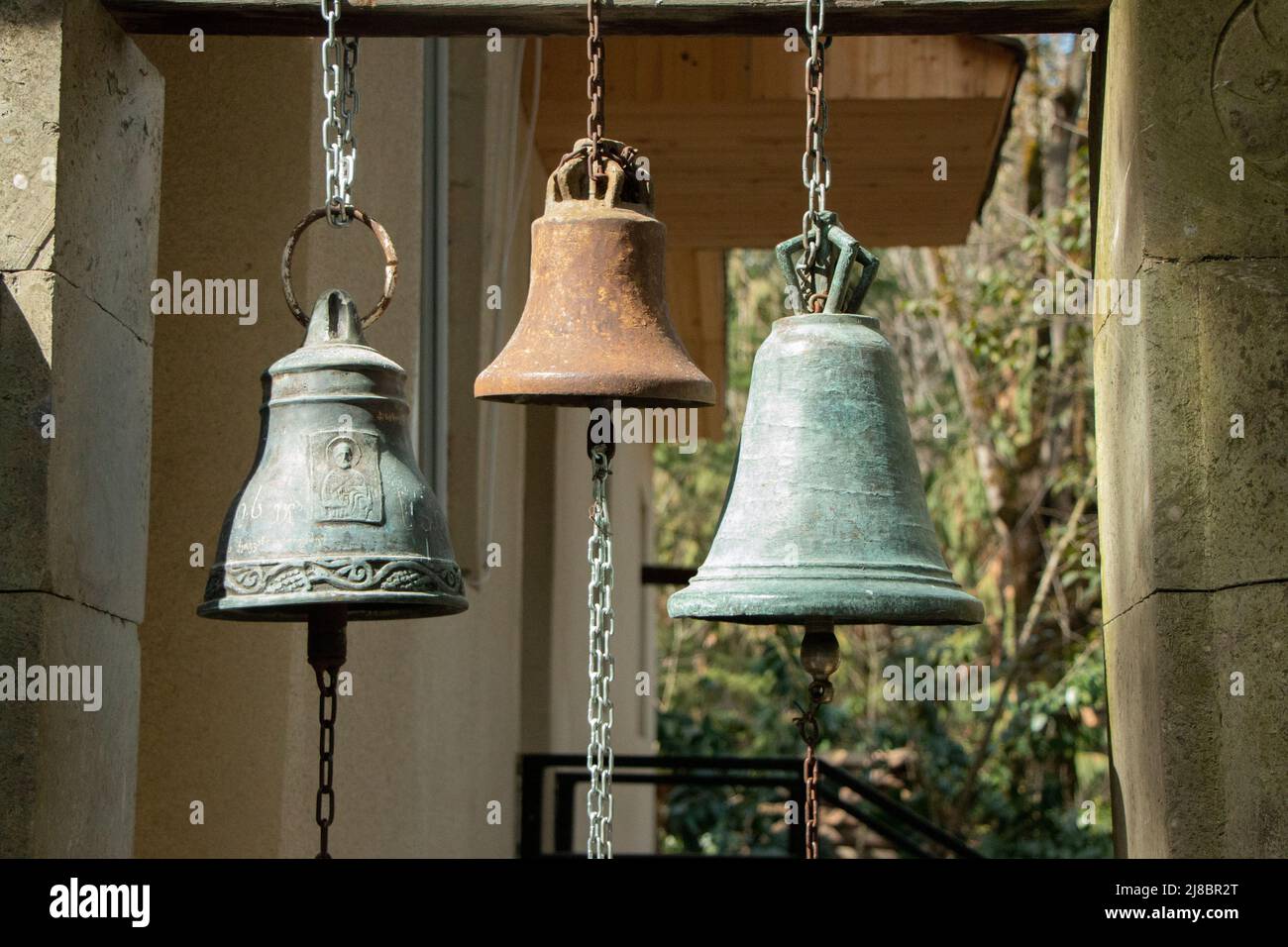 Ancient bells. Steel bells for sound extraction. Exterior details Stock ...