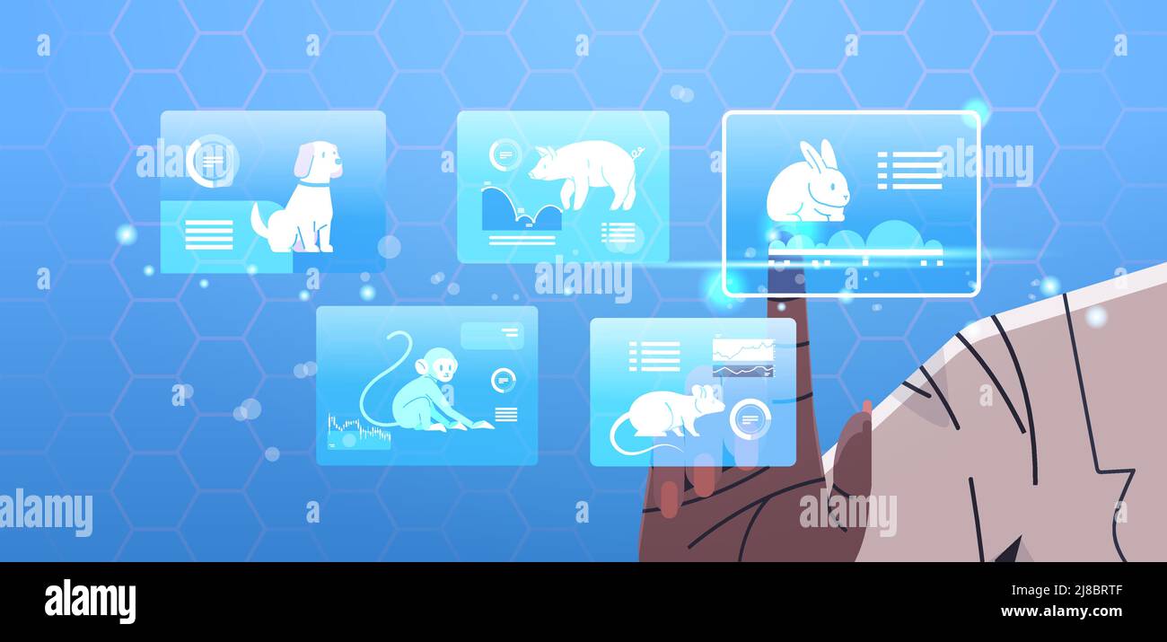 scientist or veterinary worker choosing animals on digital screen doing ...
