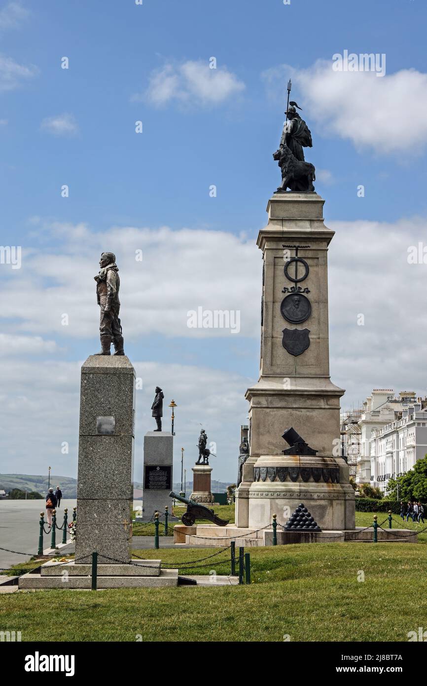 Statues and monuments on Plymouth Hoe. Left to right. RAF Memorial, The ...