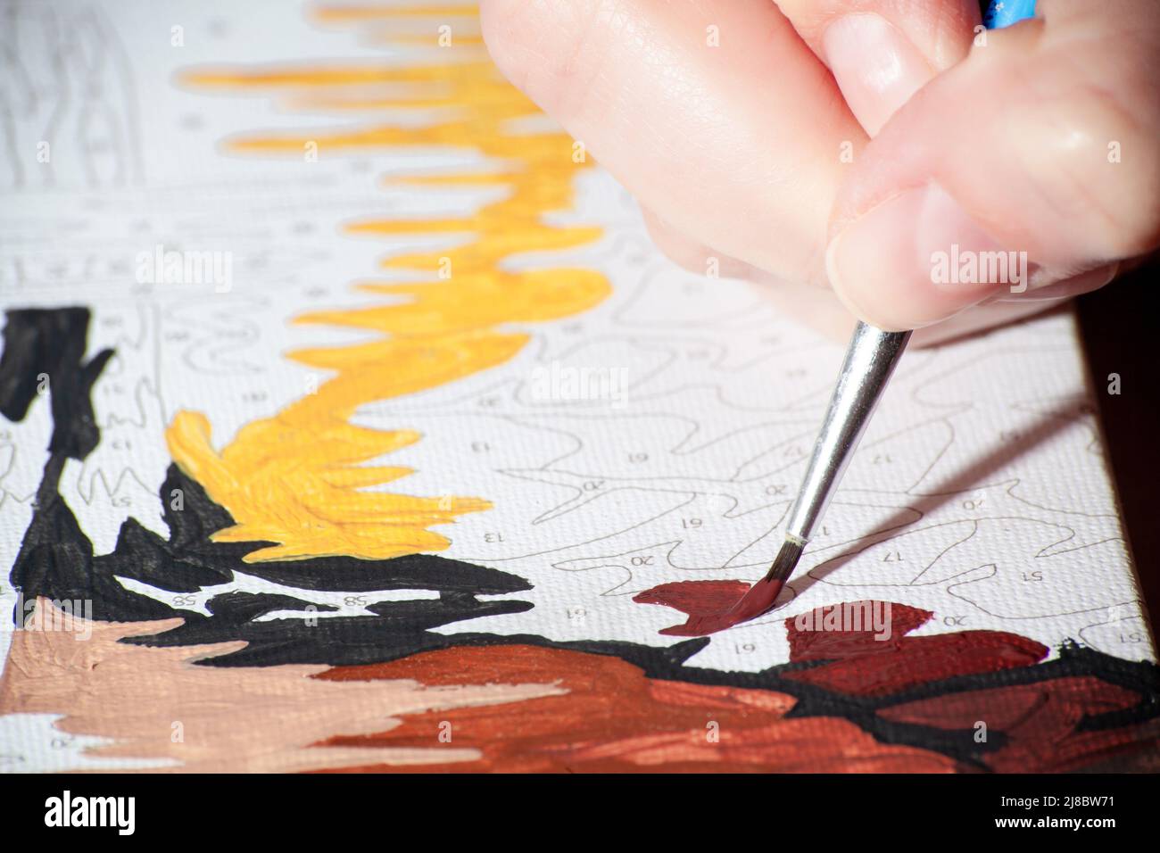 Painting by numbers process close up. Paint by numbers. Female hand ...