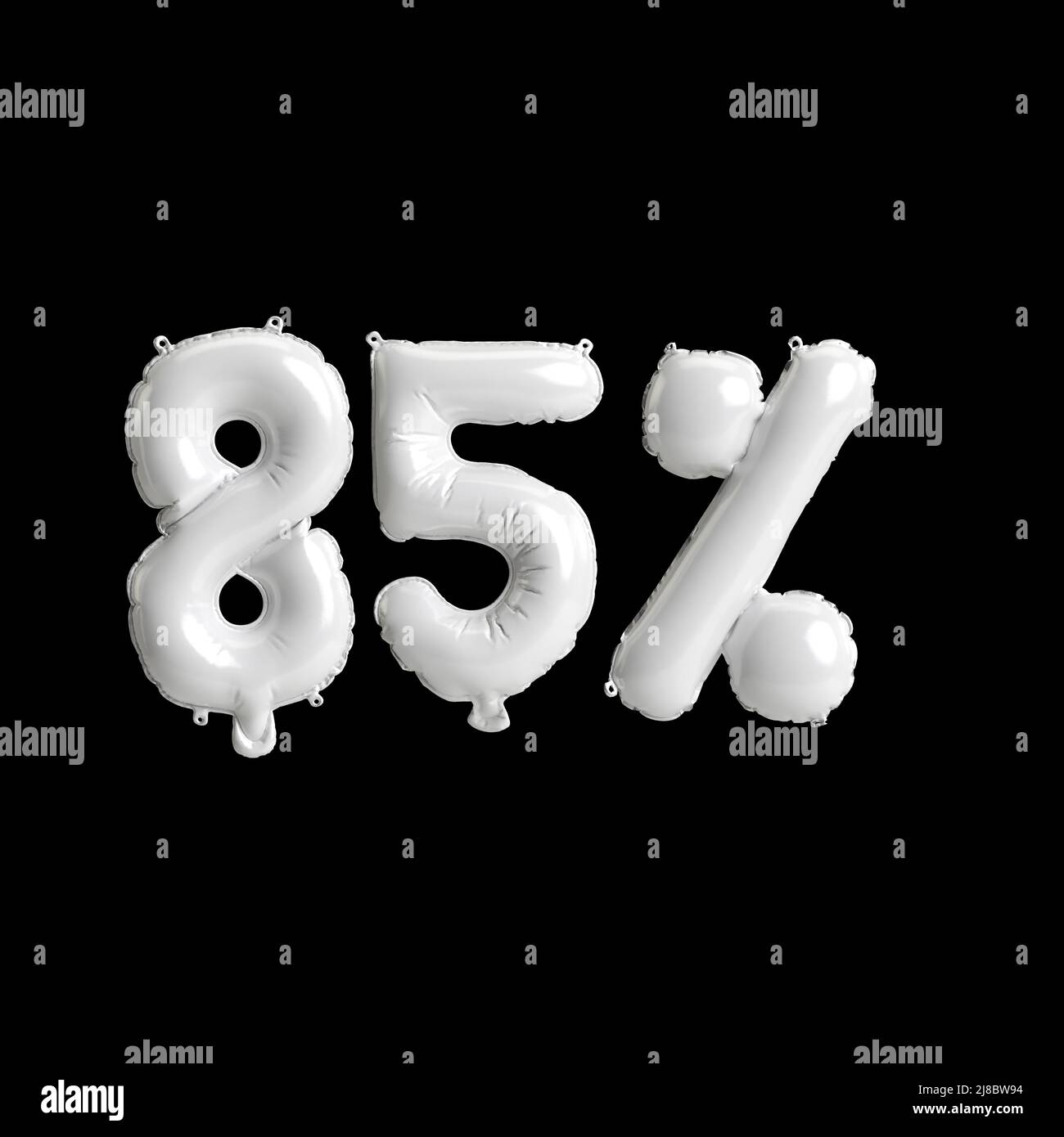 3d illustration of white balloons 85%-shape isolated on black ...