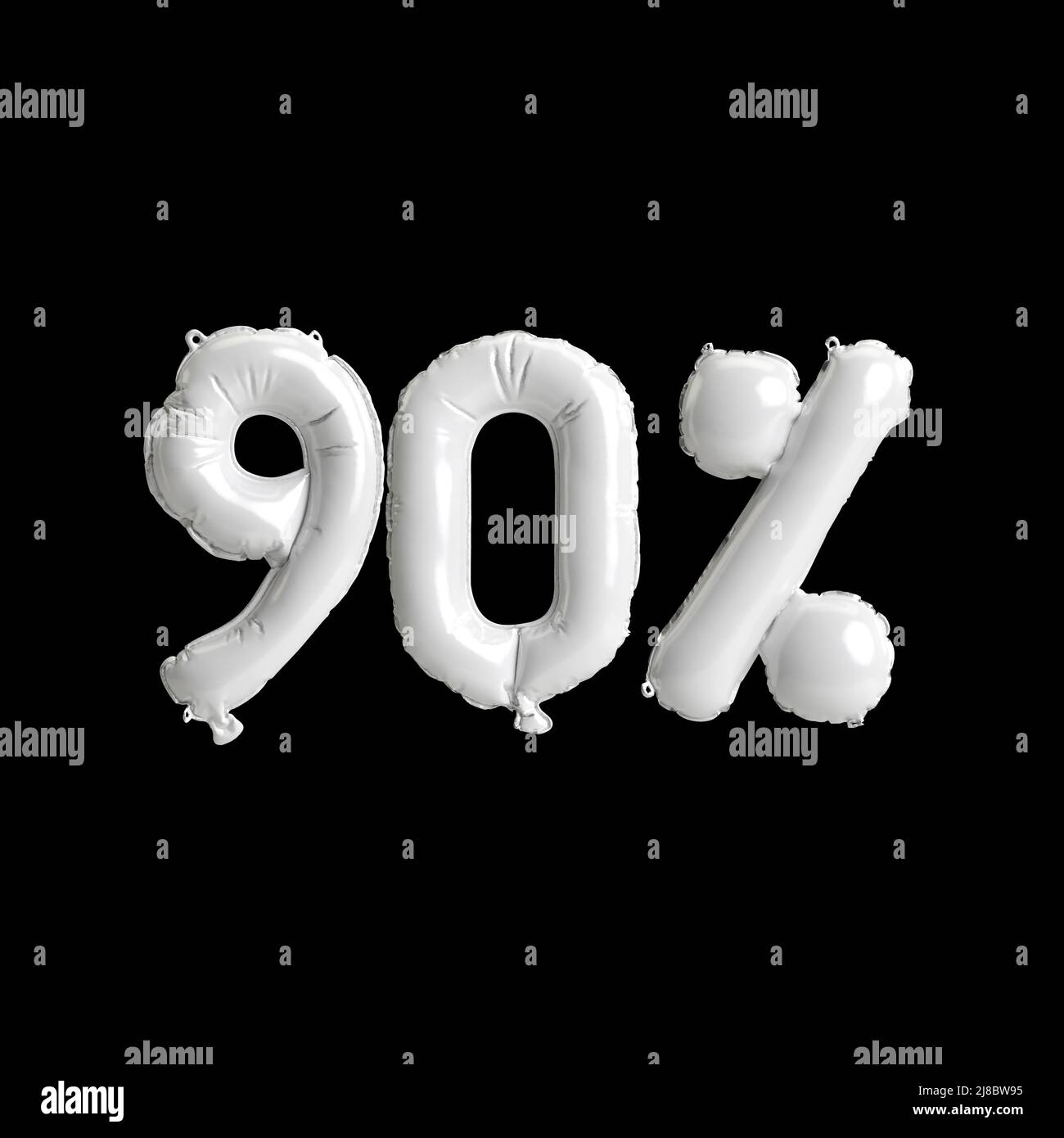 3d illustration of white balloons 90%-shape isolated on black ...