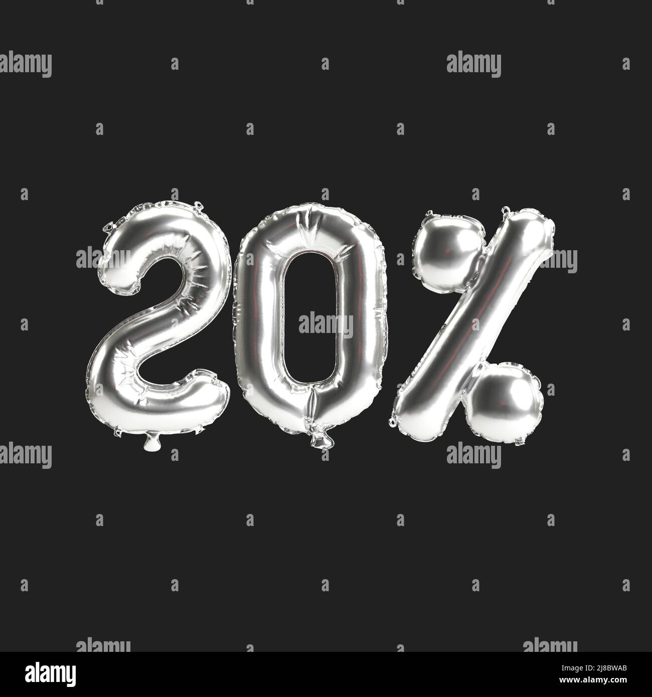 3d illustration of silver balloons 20%-shape isolated on black ...
