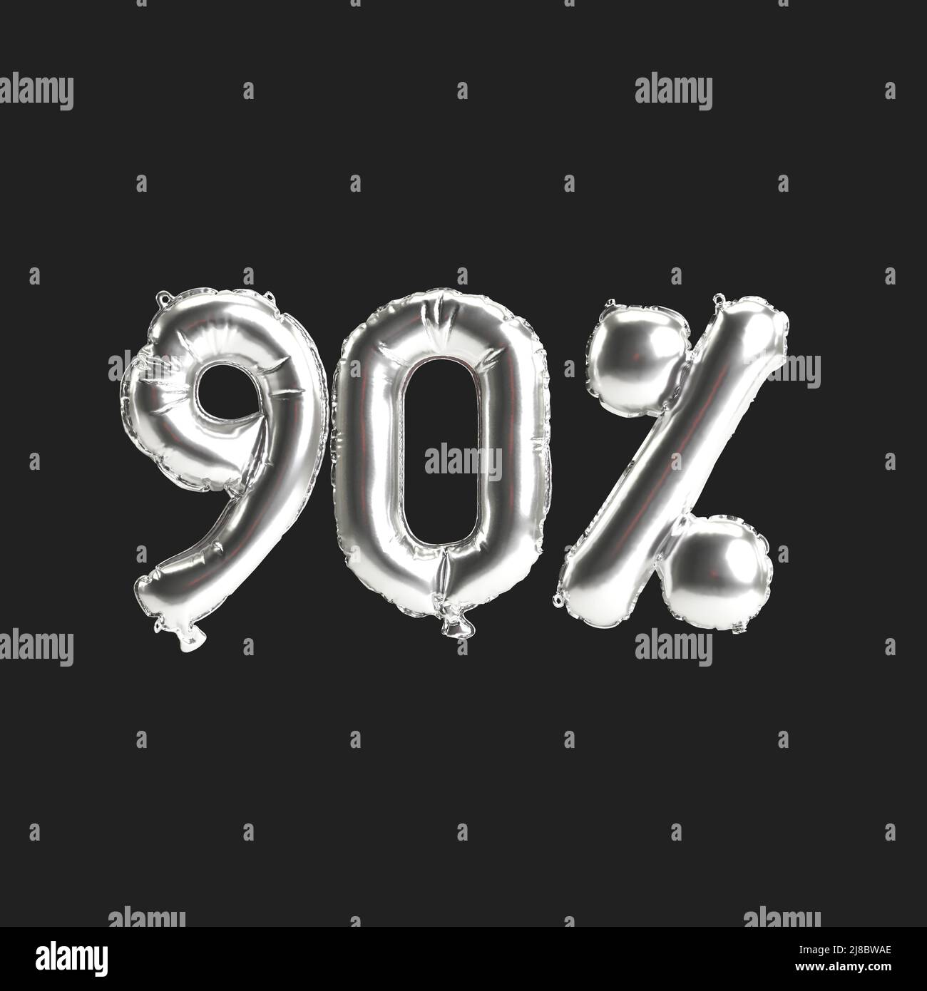 3d illustration of silver balloons 90%-shape isolated on black ...