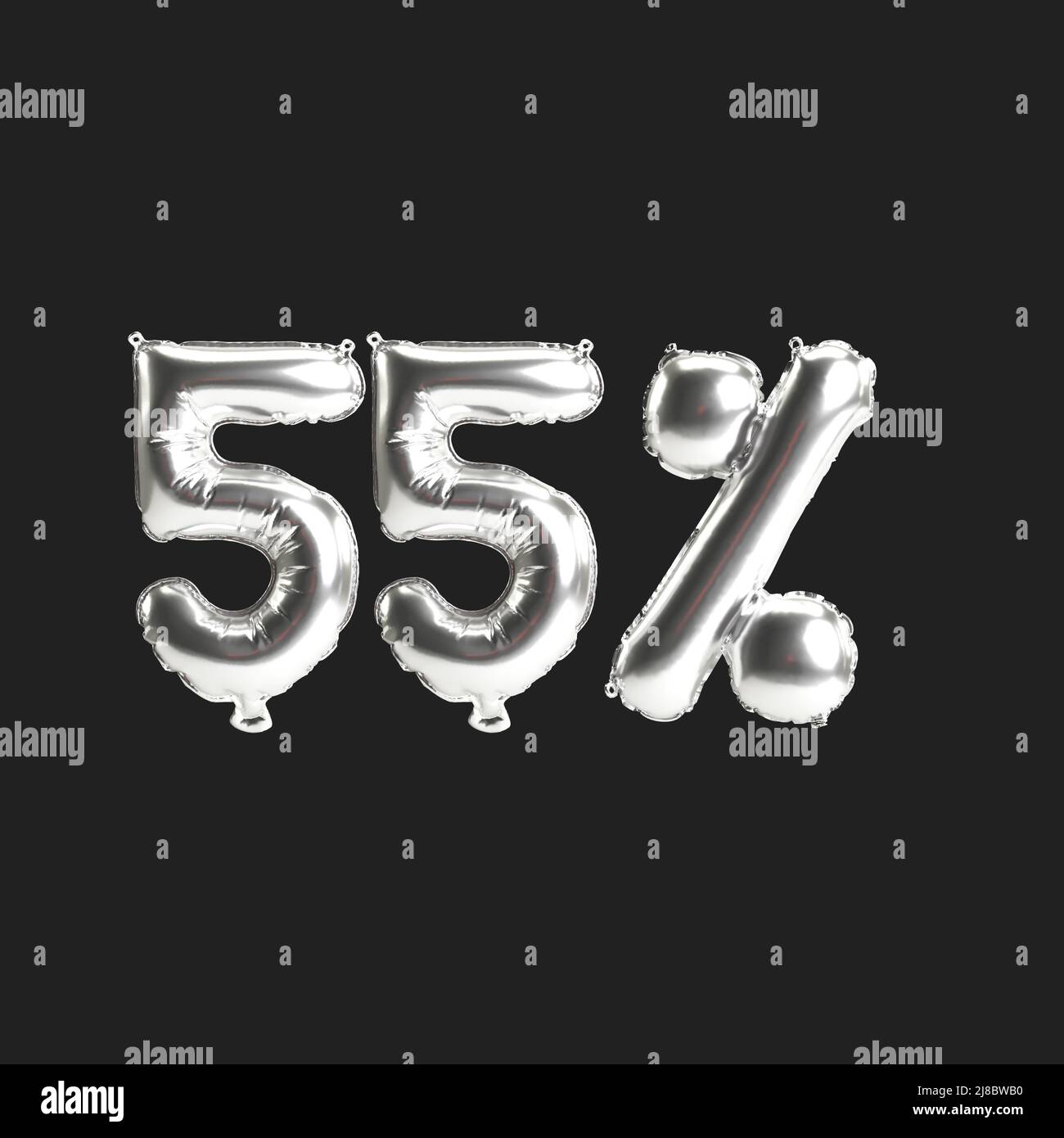 3d illustration of silver balloons 55%-shape isolated on black ...