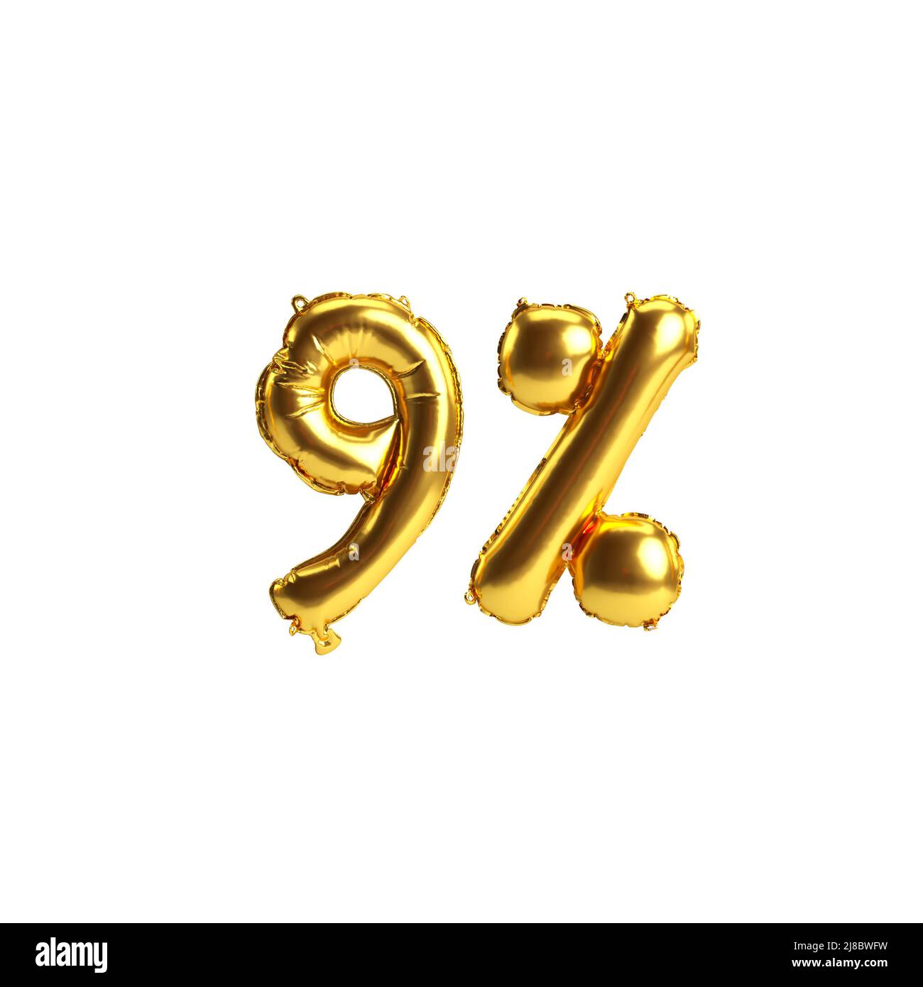 3d illustration gold balloons shape 9% isolated on white background ...