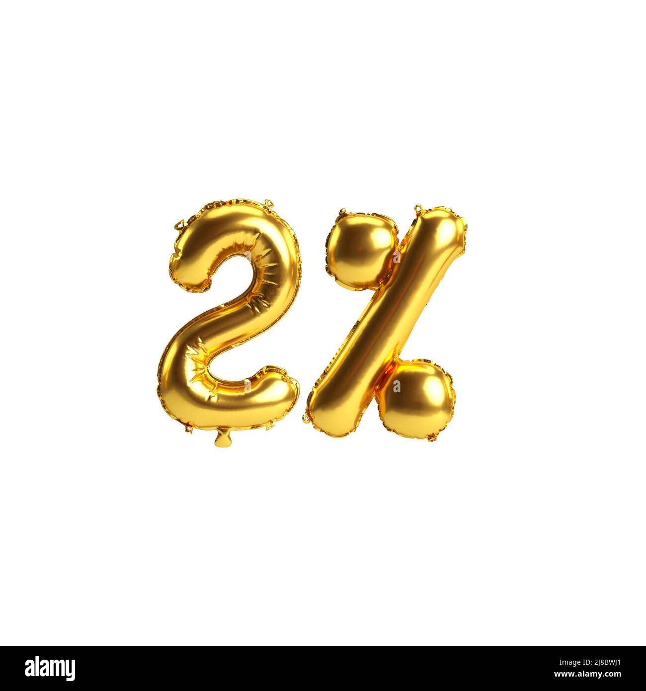 3d illustration gold balloons shape 2% isolated on white background ...