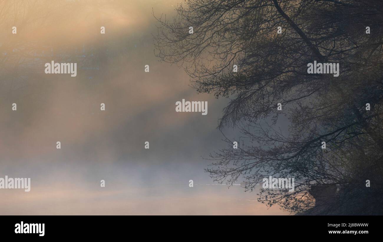 Stunning landscape image of sunrise mist on urban lake with sun beams ...