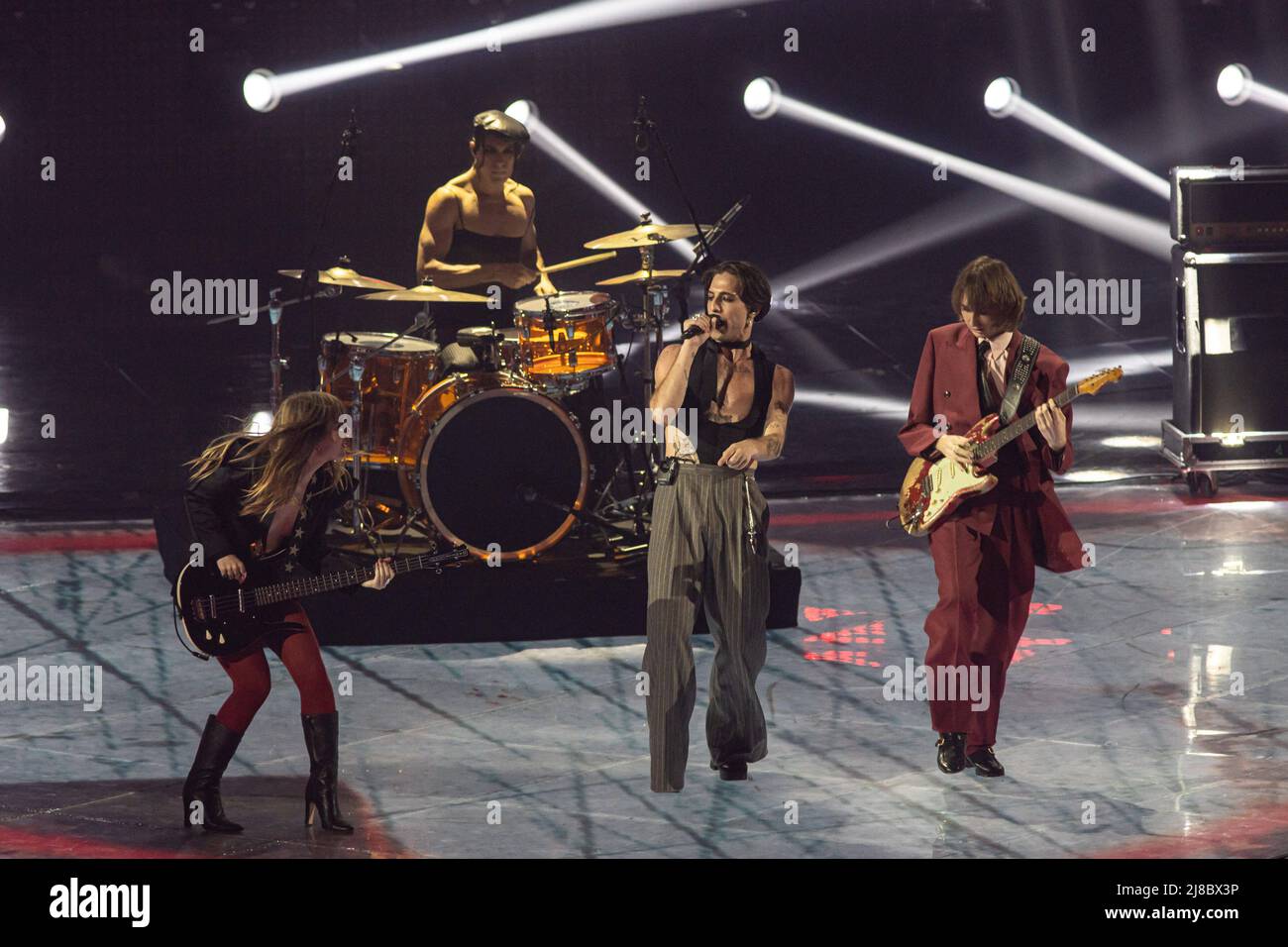 Maneskin (Damiano David, Victoria De Angelis, Ethan Torchio, Thomas Raggi) perform at the grand ...