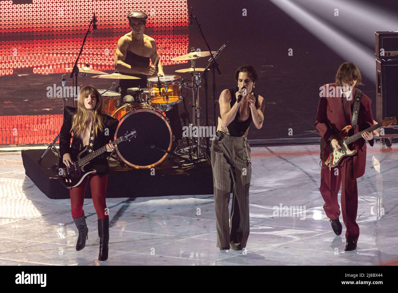 Maneskin (Damiano David, Victoria De Angelis, Ethan Torchio, Thomas Raggi) perform at the grand ...
