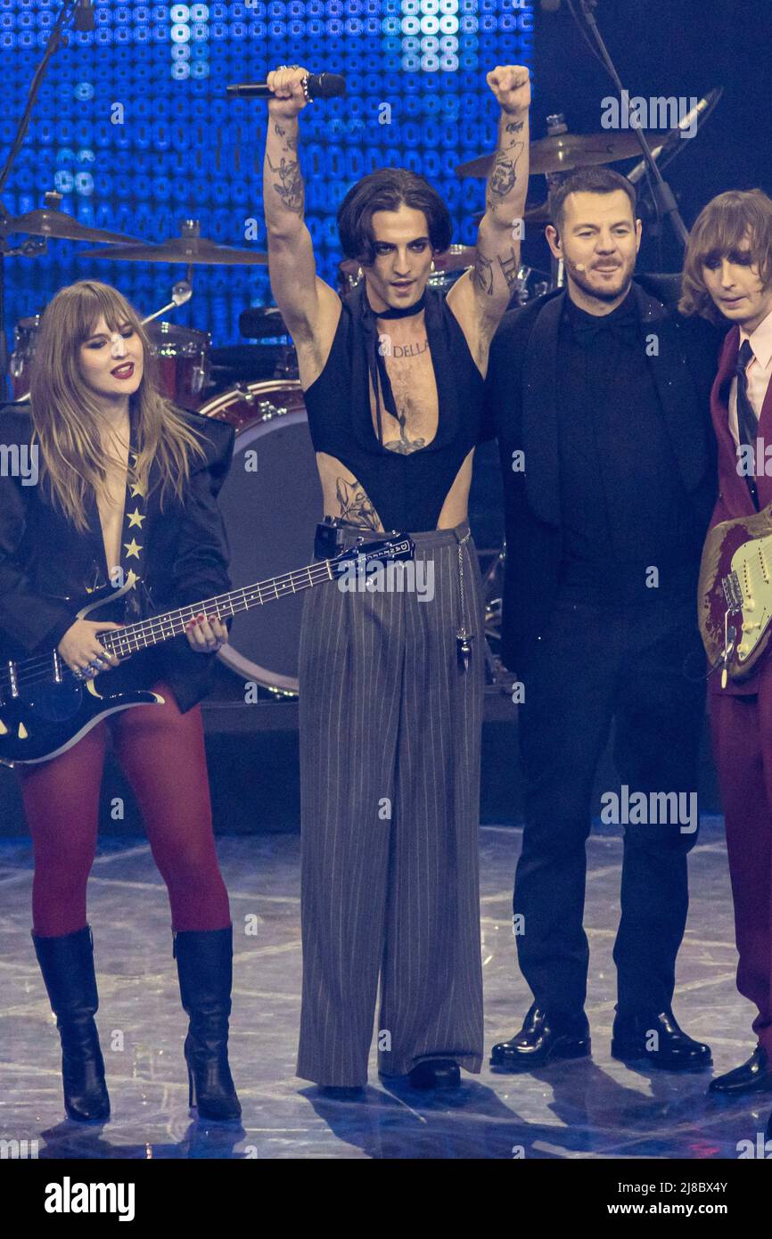 Maneskin (Damiano David, Victoria De Angelis, Ethan Torchio, Thomas Raggi) perform at the grand ...