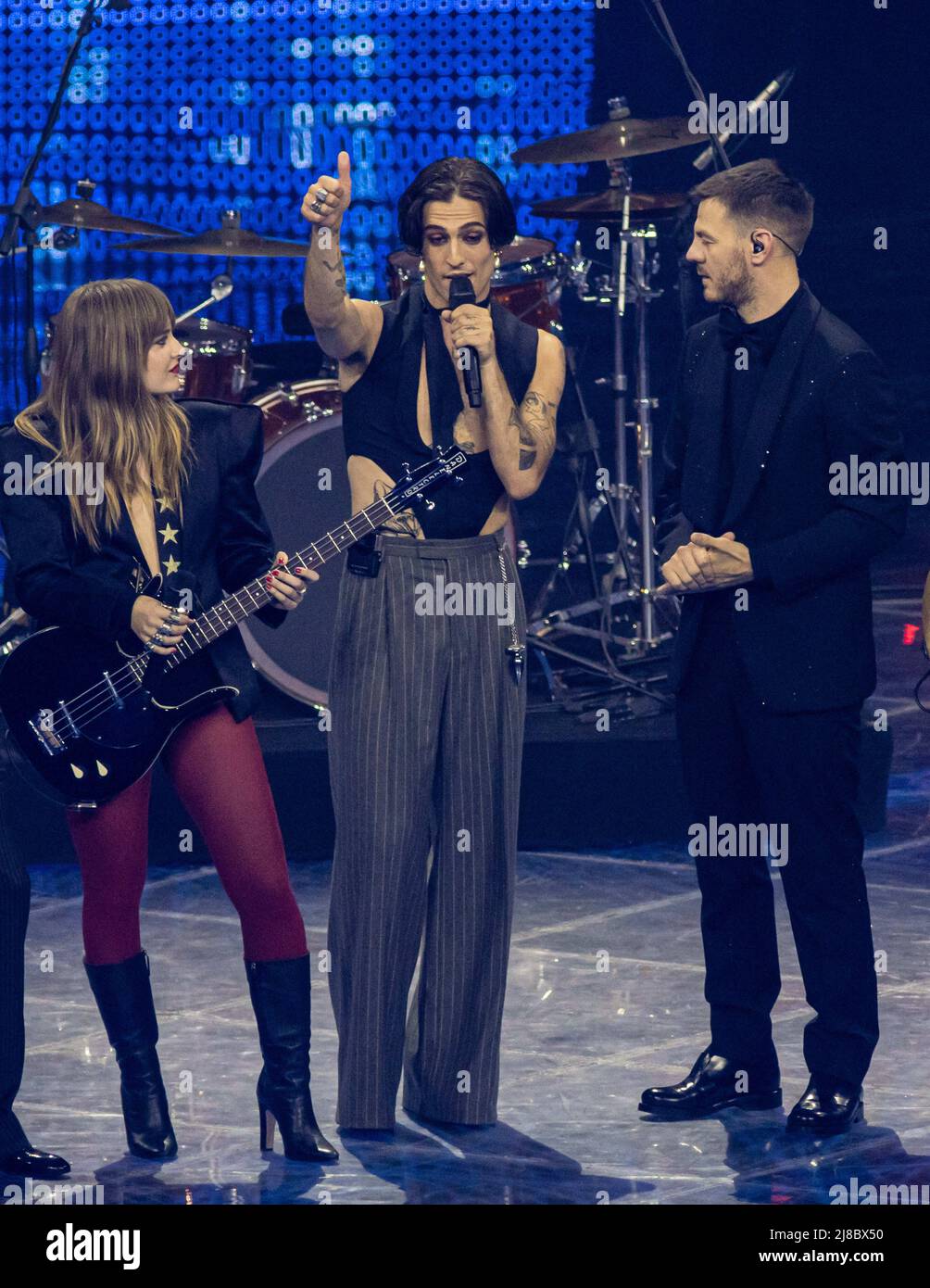 Maneskin (Damiano David, Victoria De Angelis, Ethan Torchio, Thomas Raggi) perform at the grand ...