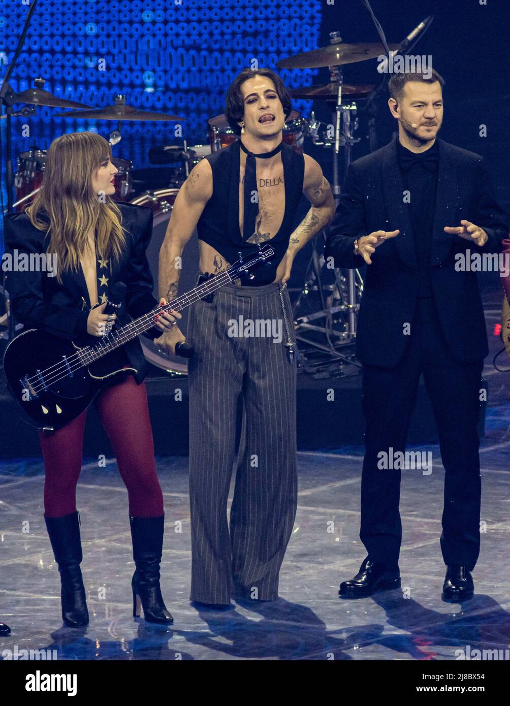 Maneskin (Damiano David, Victoria De Angelis, Ethan Torchio, Thomas Raggi) perform at the grand ...