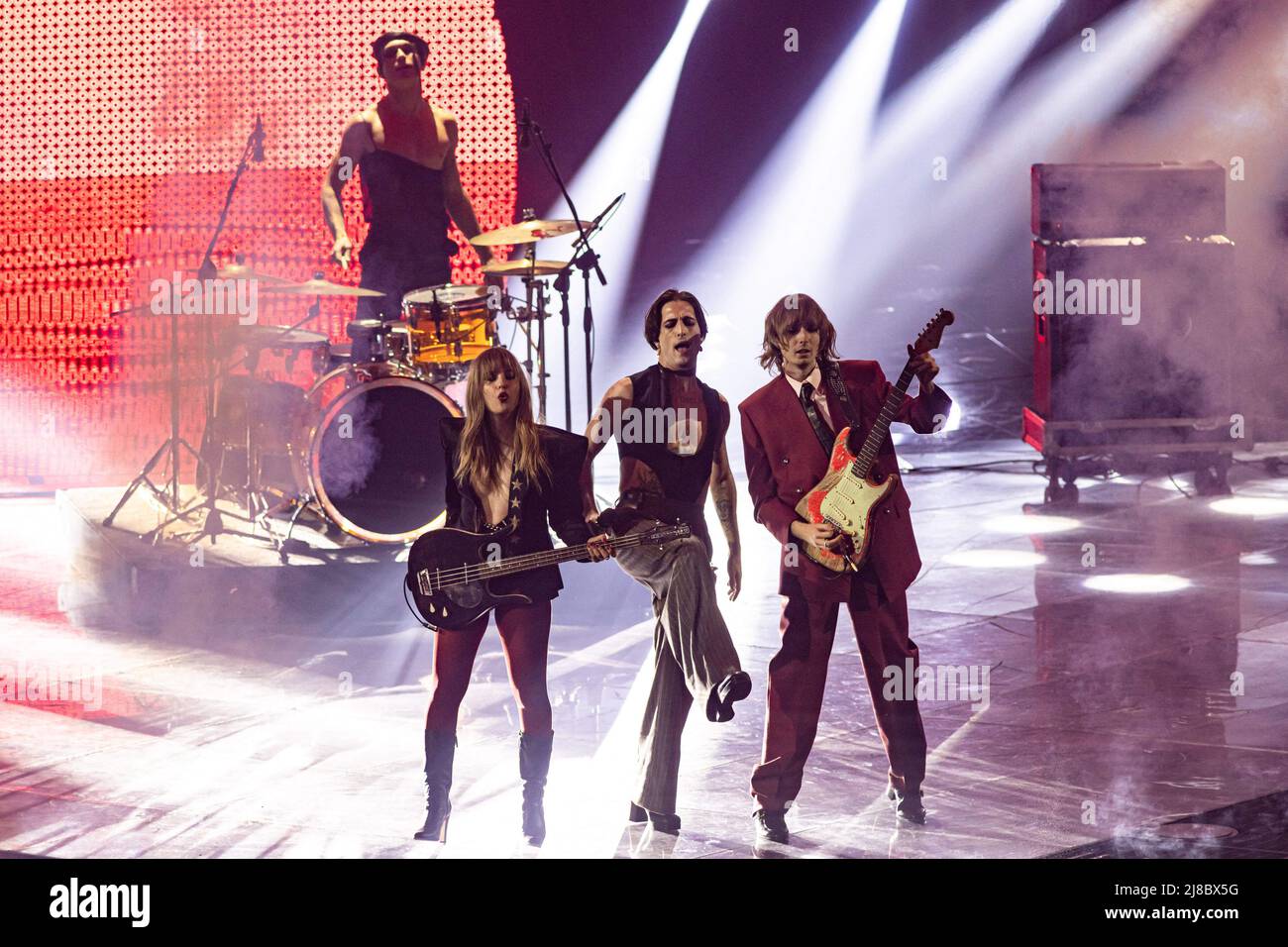 Maneskin (Damiano David, Victoria De Angelis, Ethan Torchio, Thomas Raggi) perform at the grand ...