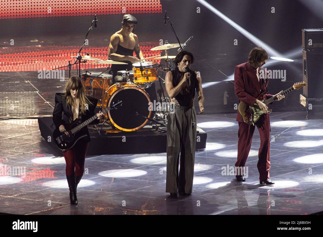 Maneskin (Damiano David, Victoria De Angelis, Ethan Torchio, Thomas Raggi) perform at the grand ...