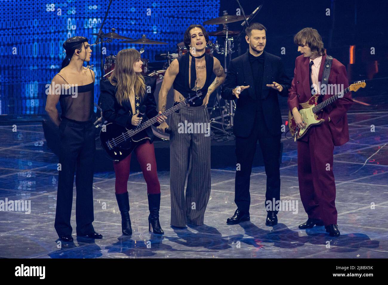 Maneskin (Damiano David, Victoria De Angelis, Ethan Torchio, Thomas Raggi) perform at the grand ...