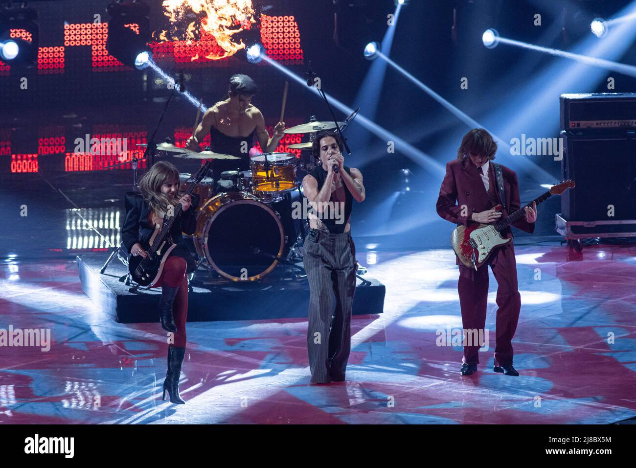 Maneskin (Damiano David, Victoria De Angelis, Ethan Torchio, Thomas Raggi) perform at the grand ...