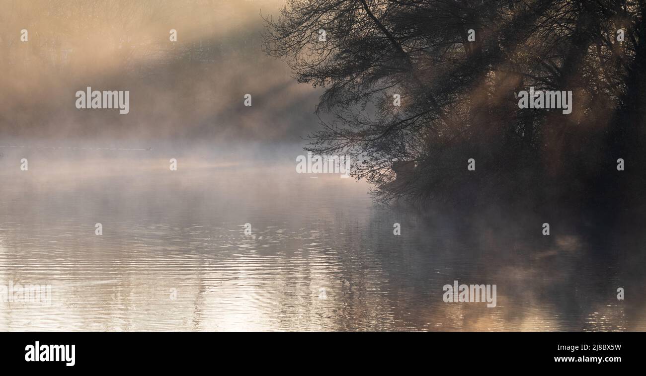 Stunning landscape image of sunrise mist on urban lake with sun beams ...