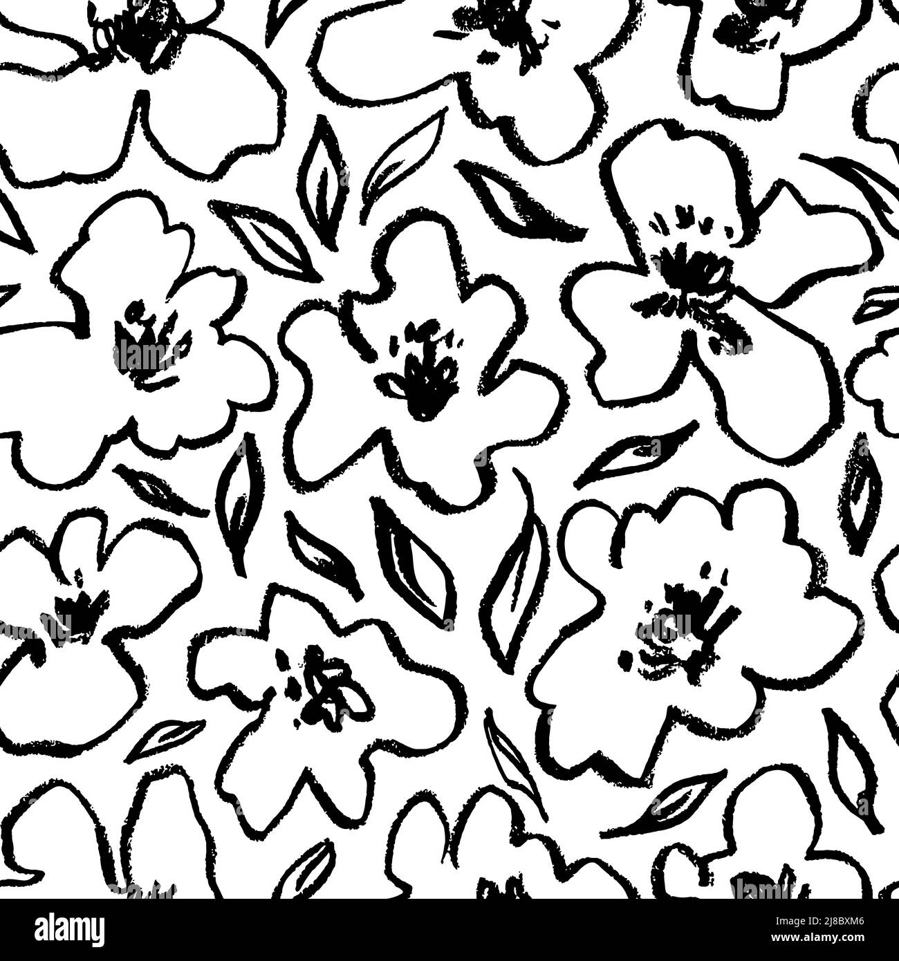 Hand drawn charcoal line flowers seamless pattern Stock Vector Image ...