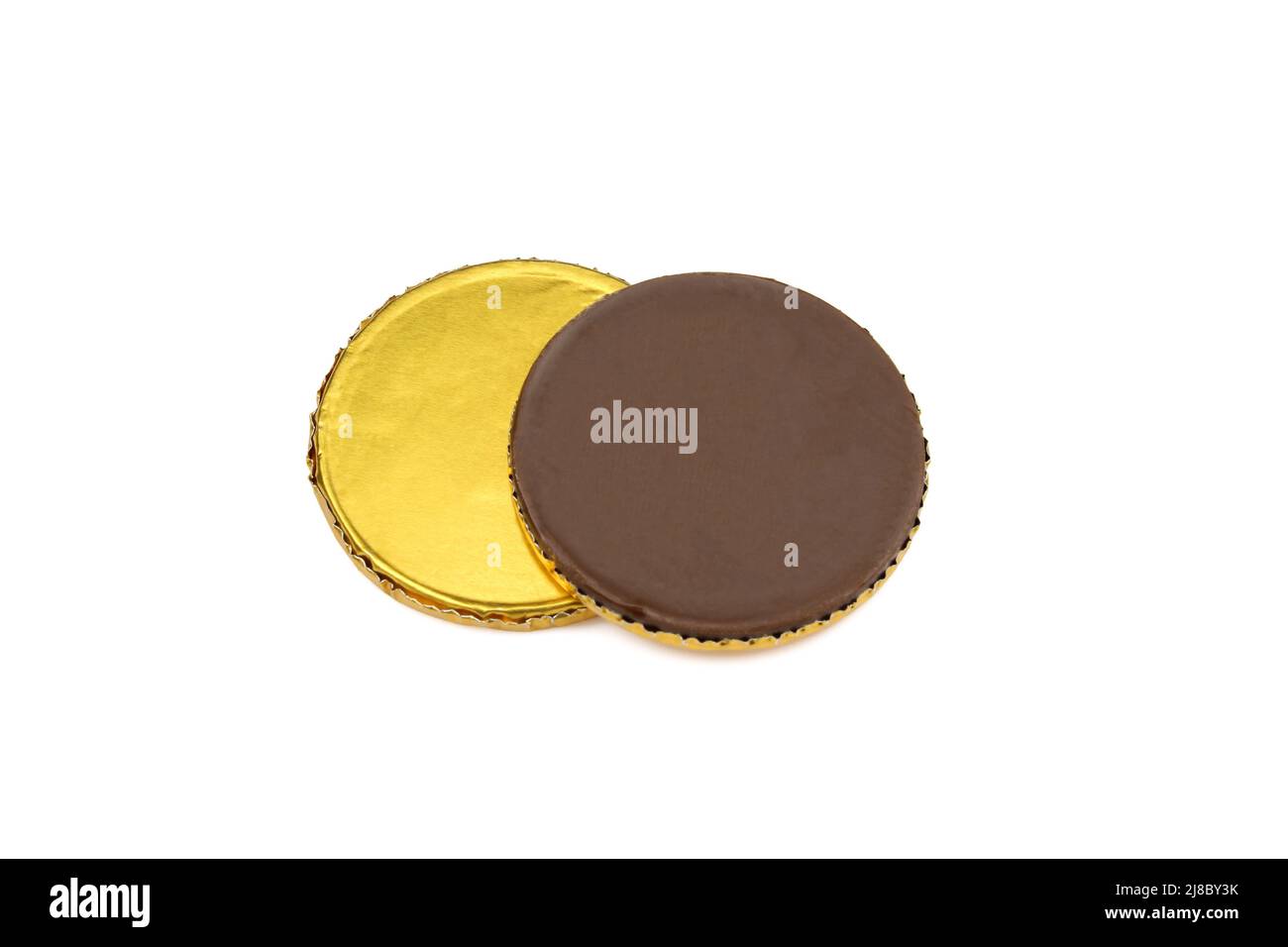 Chocolate sweets wrapped in yellow foil. Fake dessert coins Stock Photo ...
