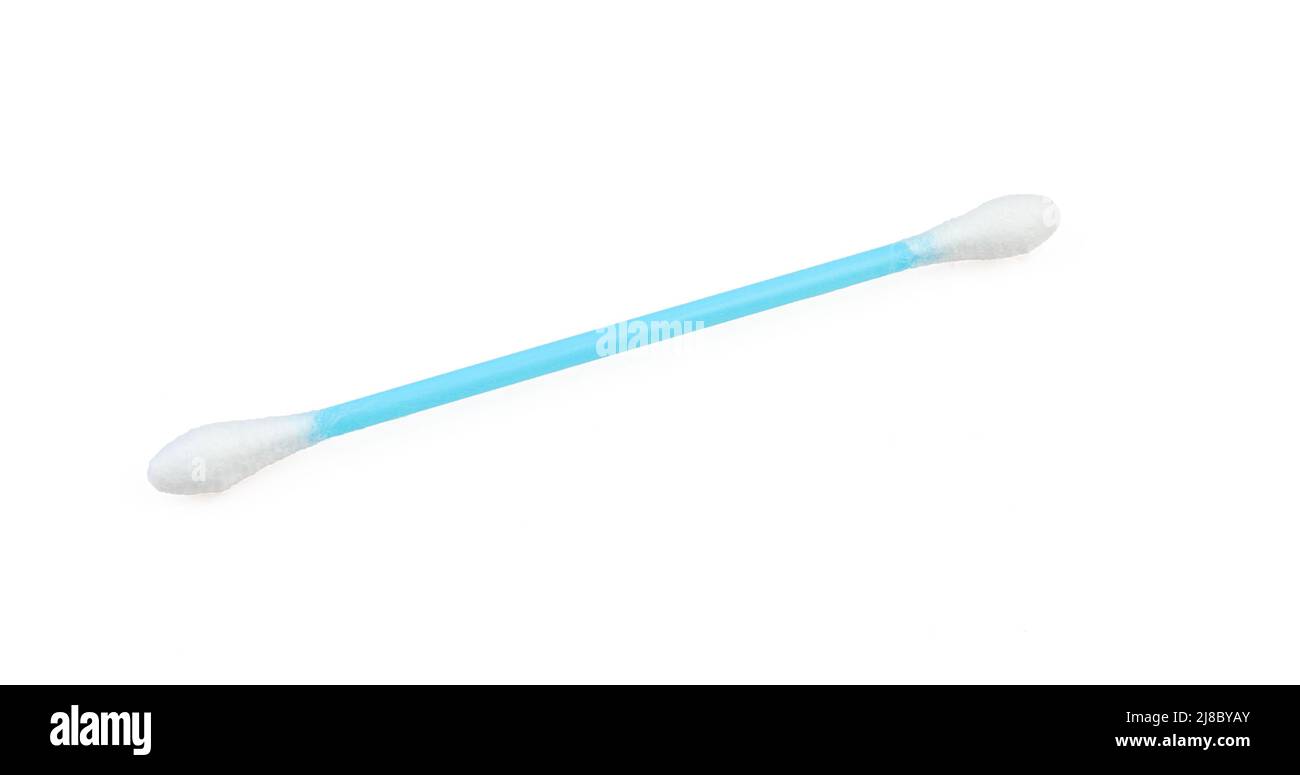 One blue ear swab isolated on white background.Clean plastic stick ...