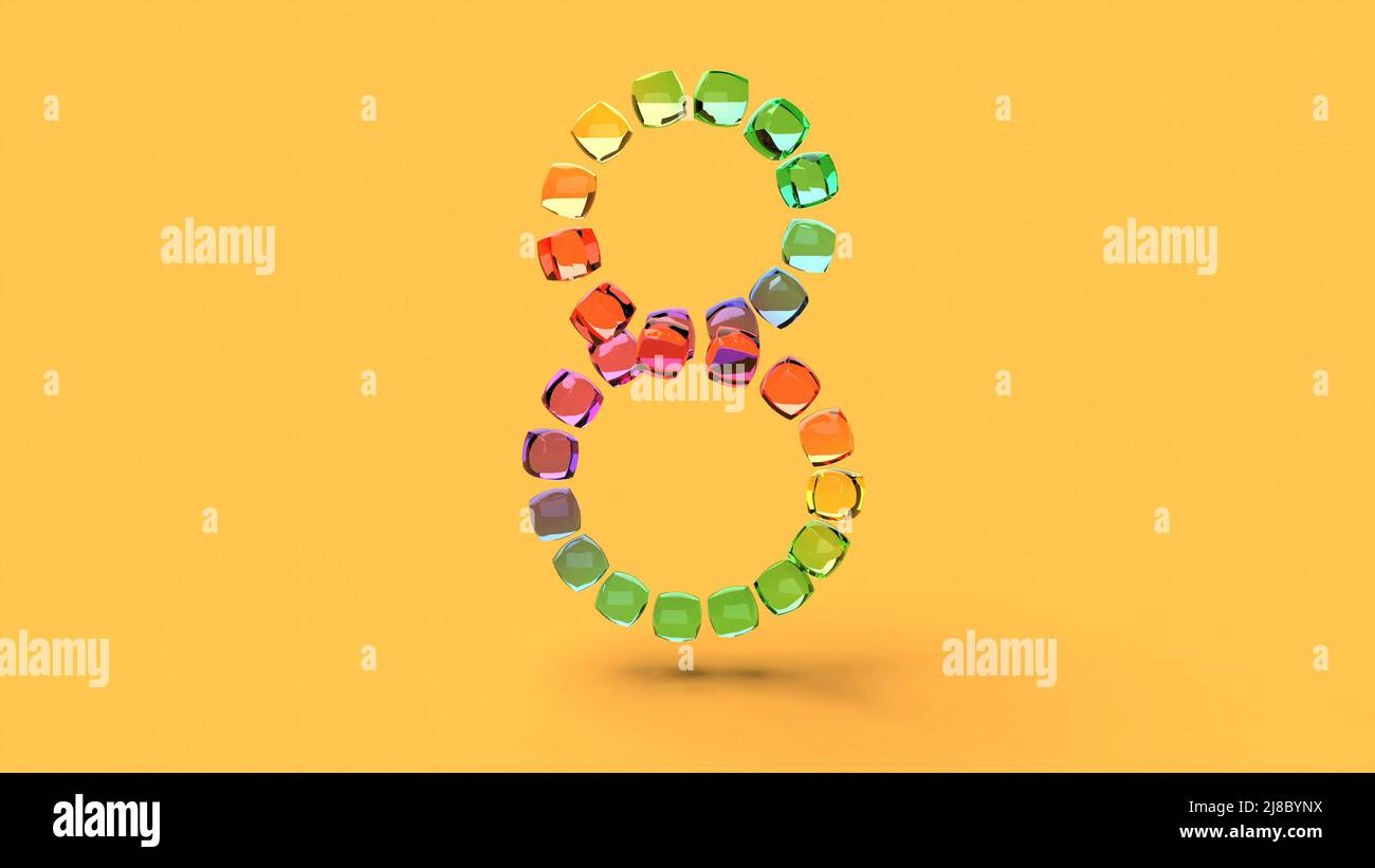 8 number cubes and spheres glass 3d render Stock Photo - Alamy