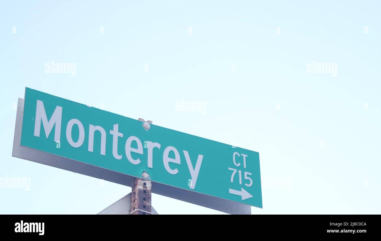 Monterey road sign, California street crossroad, USA. Tourist resort ...
