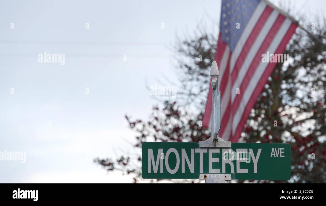 Monterey road sign, California street crossroad, USA. Tourist resort ...
