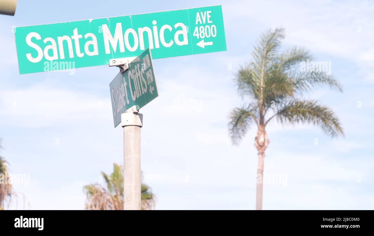 Santa Monica road sign on crossroad, California city street, USA ...