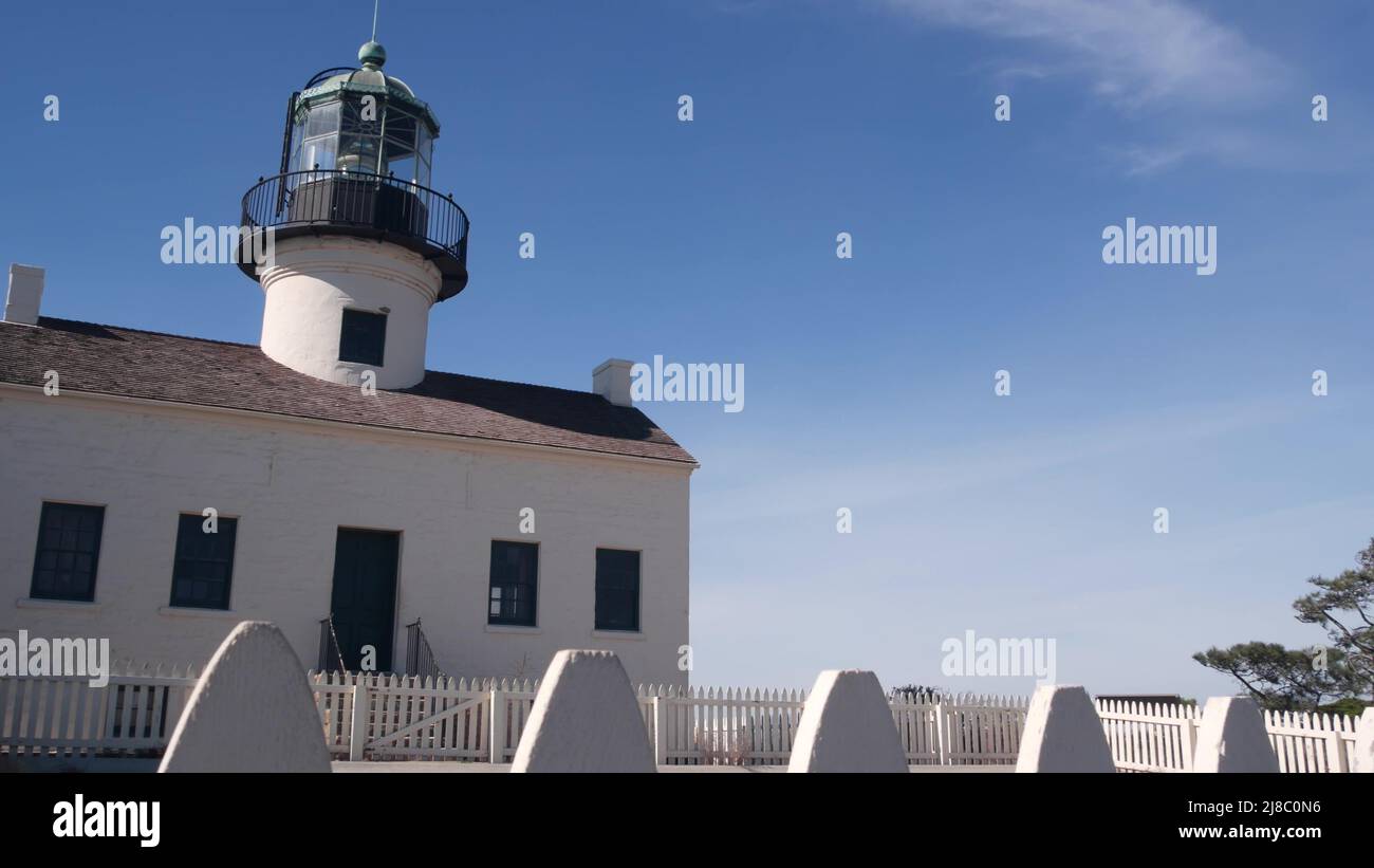 Vintage lighthouse tower, retro light house, old fashioned historic ...