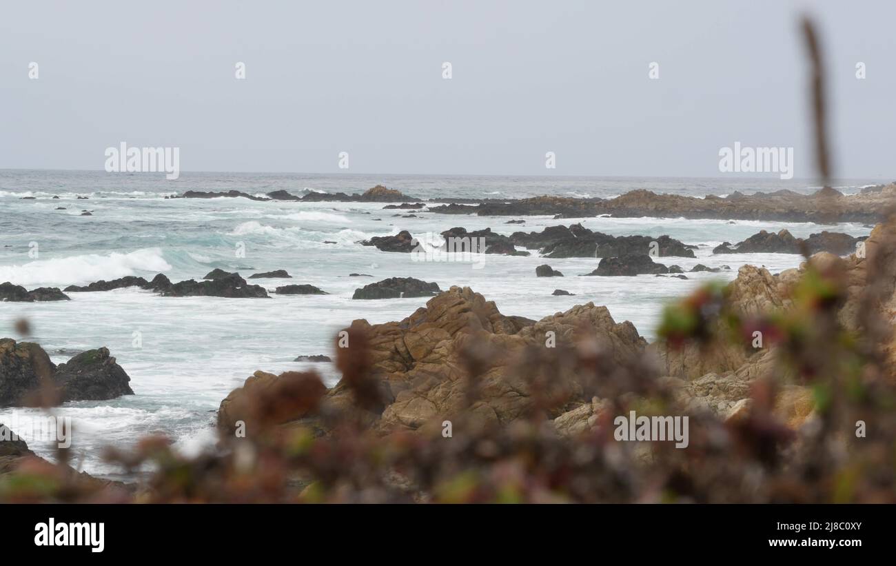 Rocky craggy pacific ocean coast, sea water waves crashing on rocks, 17 ...