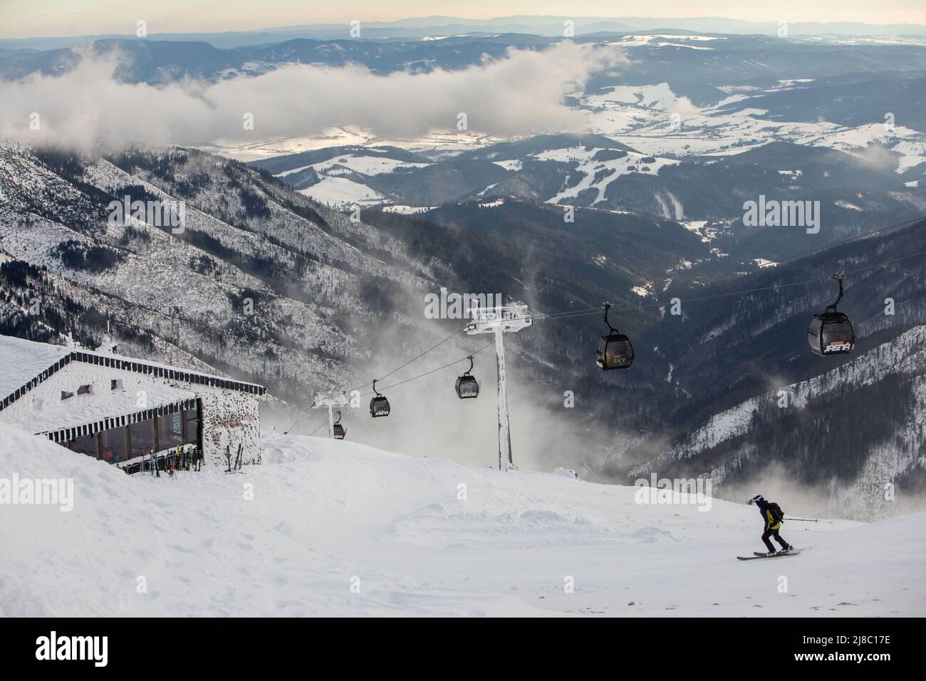 Slovakia, Jasna - February 3, 2022: ski lift cabin at the top of Chopok mountain ski resort ...