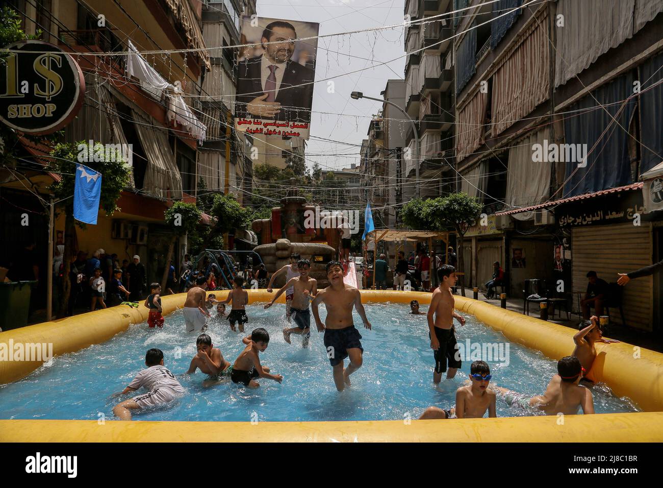 Beirut, Lebanon. 15 May 2022, Lebanon, Beirut: Children swim in a pool ...