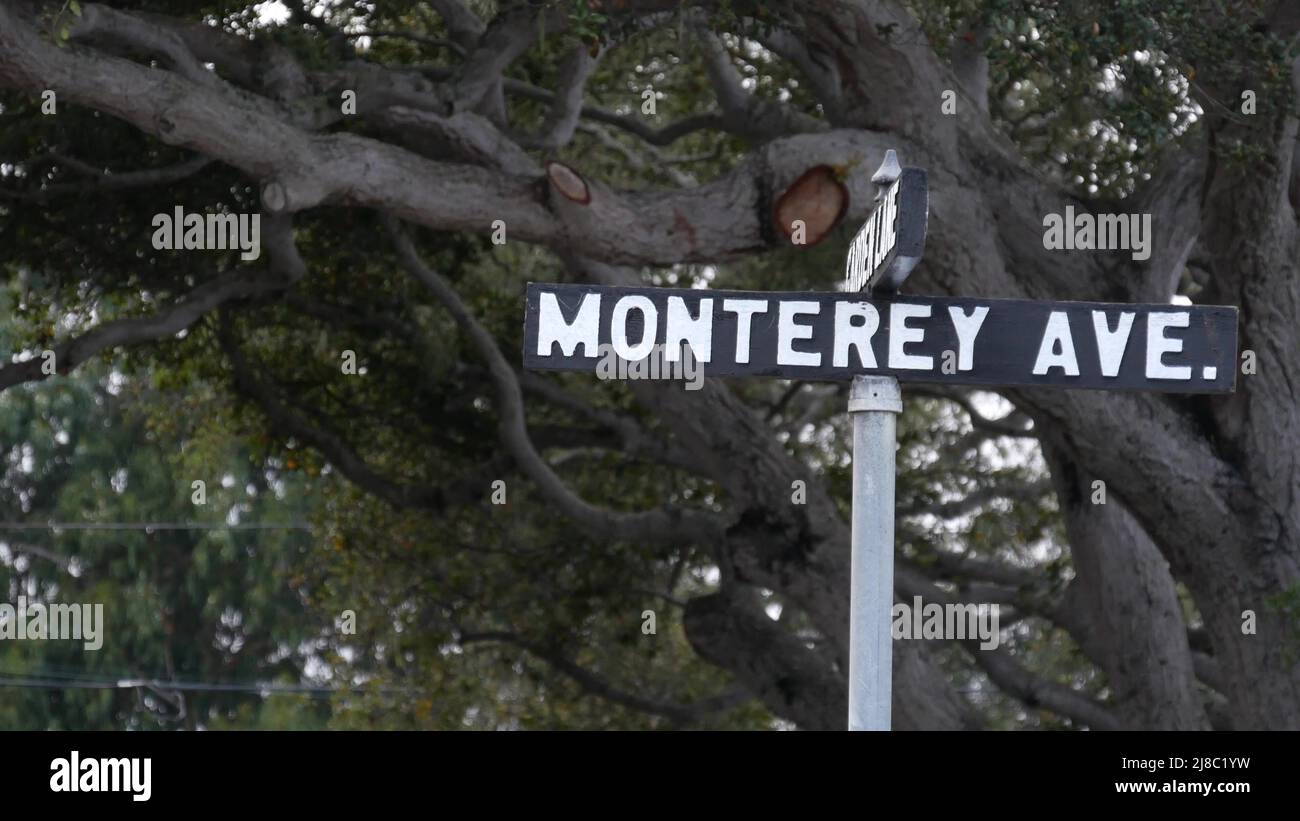 Monterey road sign, California street crossroad, USA. Tourist resort ...