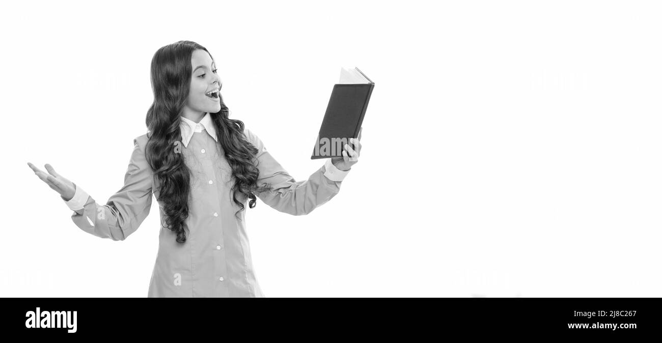 Happy kid read school book aloud with expression isolated on white ...