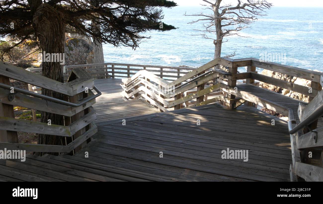 Wooden stairs to Lone Cypress viewpoint, scenic 17-mile drive tourist ...