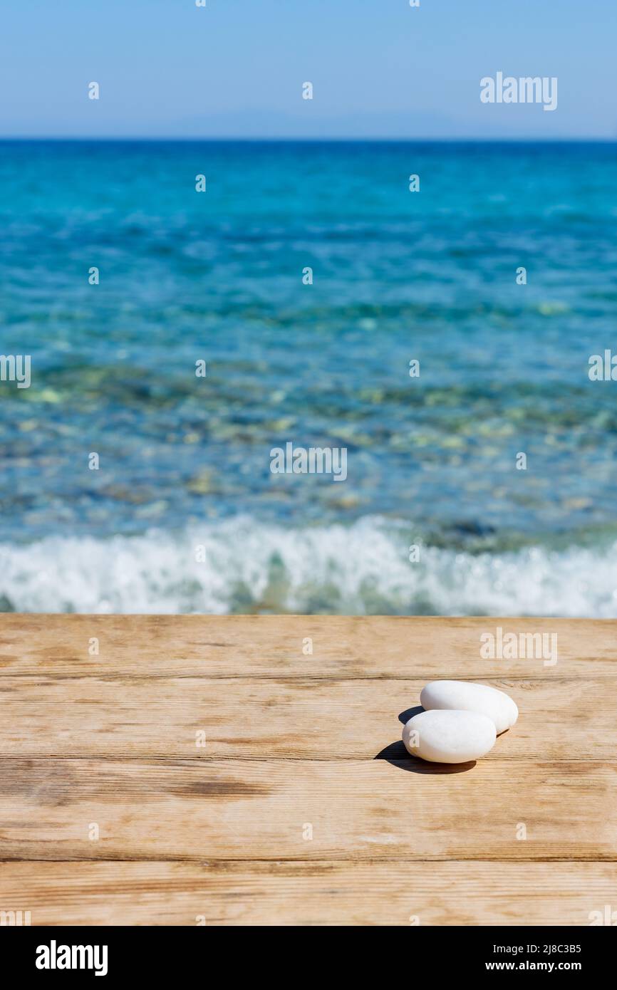 Wood table top on blur summer blue sea. Empty wooden table on the ...
