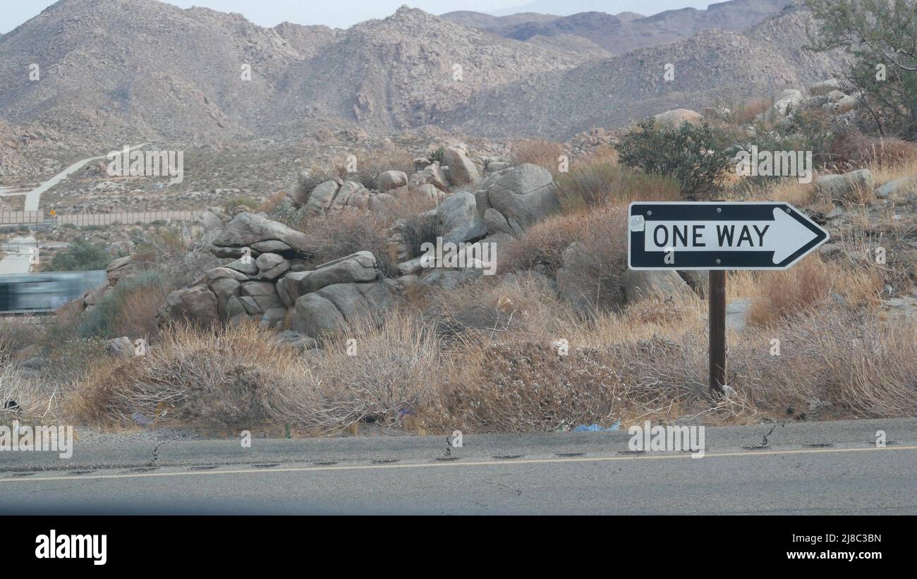 One way road transport sign with arrow on roadside or wayside, highway ...