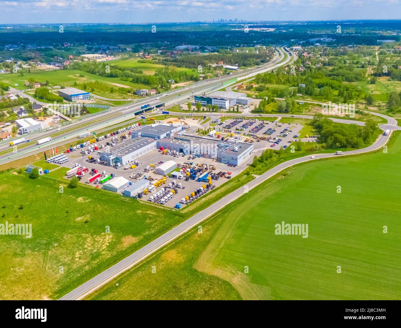 Aerial view of goods warehouse. Logistics center in industrial city ...
