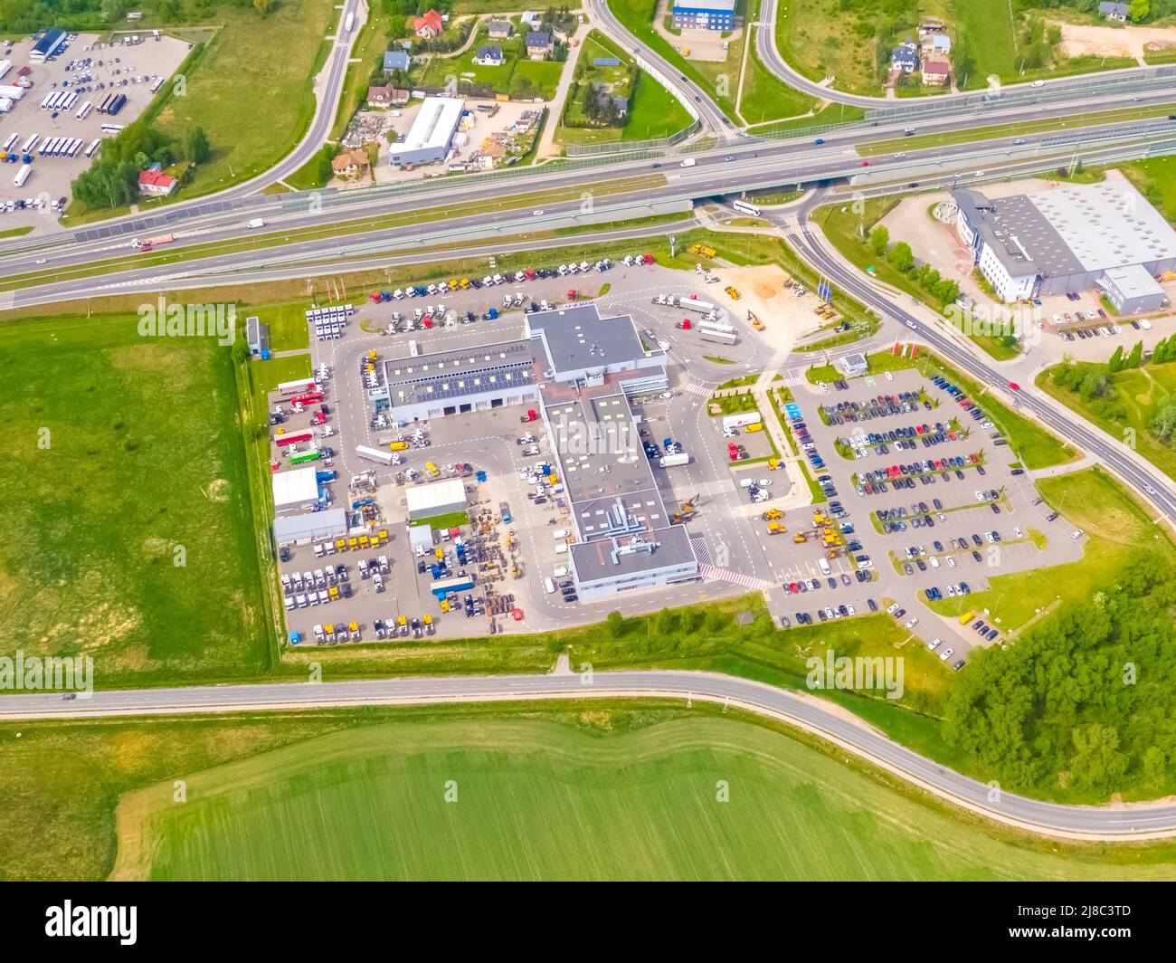 Aerial view of a logistics park with warehouse, loading hub and many ...