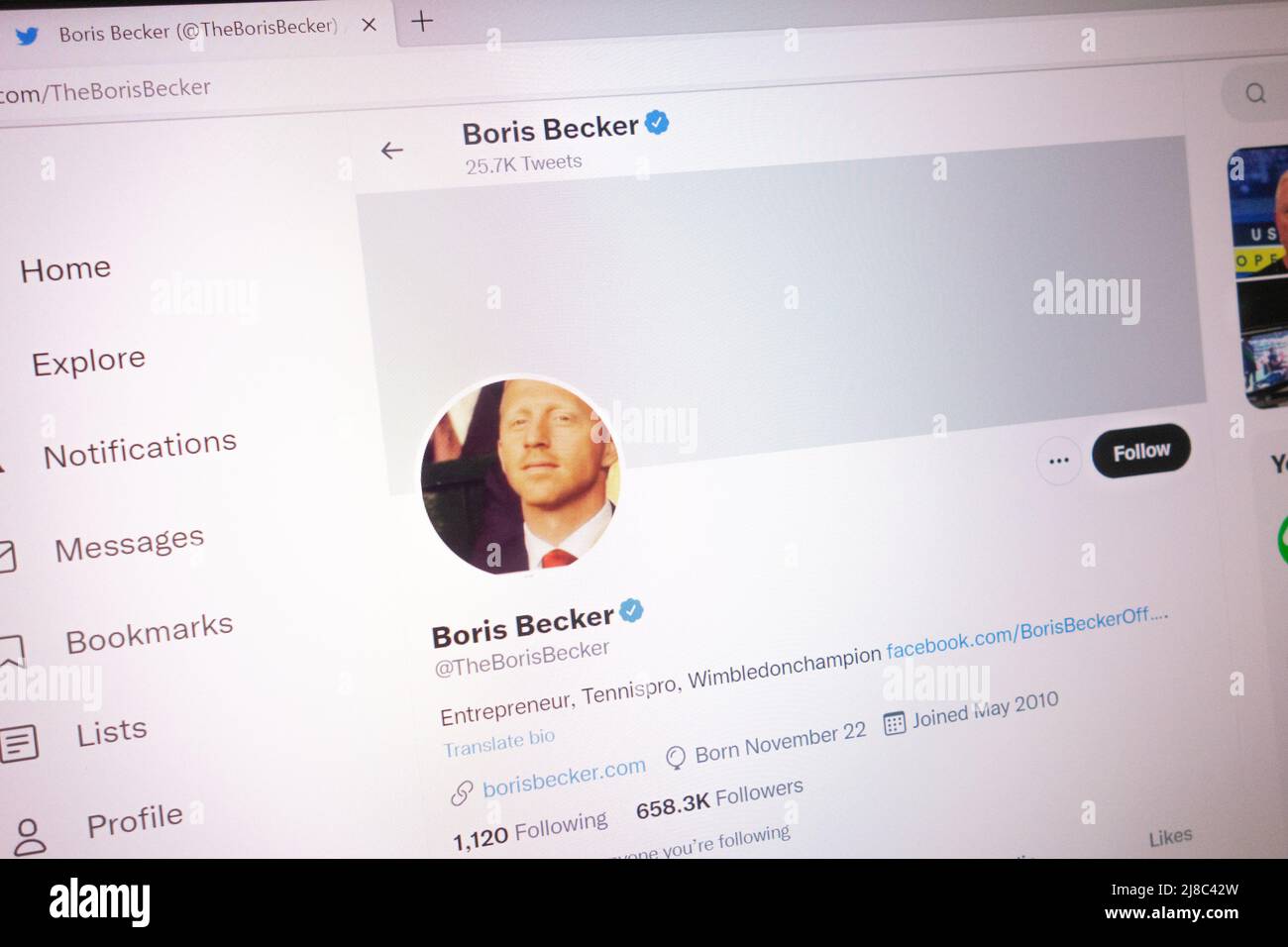 KONSKIE, POLAND - May 14, 2022: Boris Becker official Twitter account ...