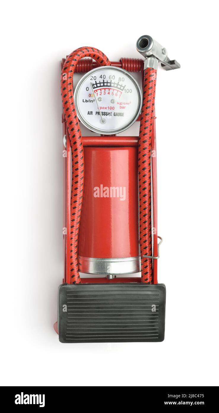 Front view of red car tyre foot pump isolated on white Stock Photo - Alamy