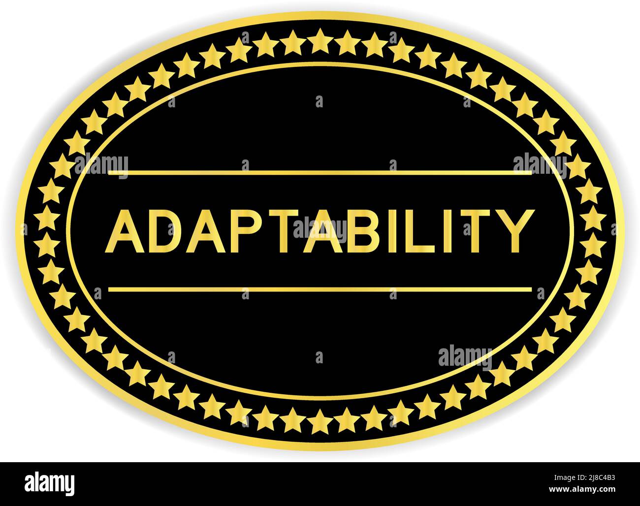 Black and gold color oval label sticker with word adaptability on white ...