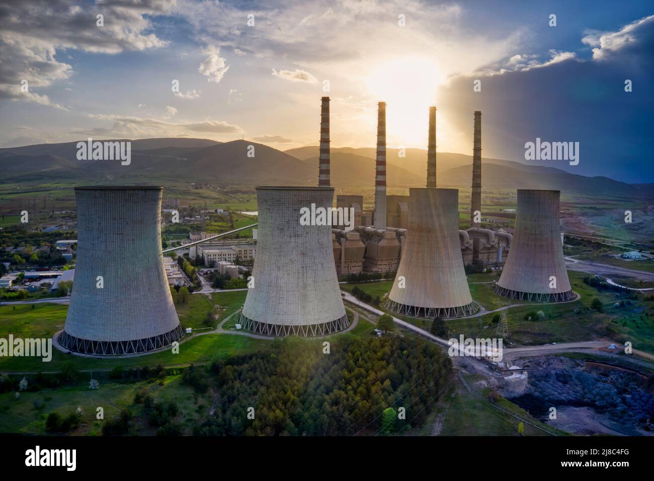 Aerial view the coal-fired power plant at Kozani in northern Greece ...