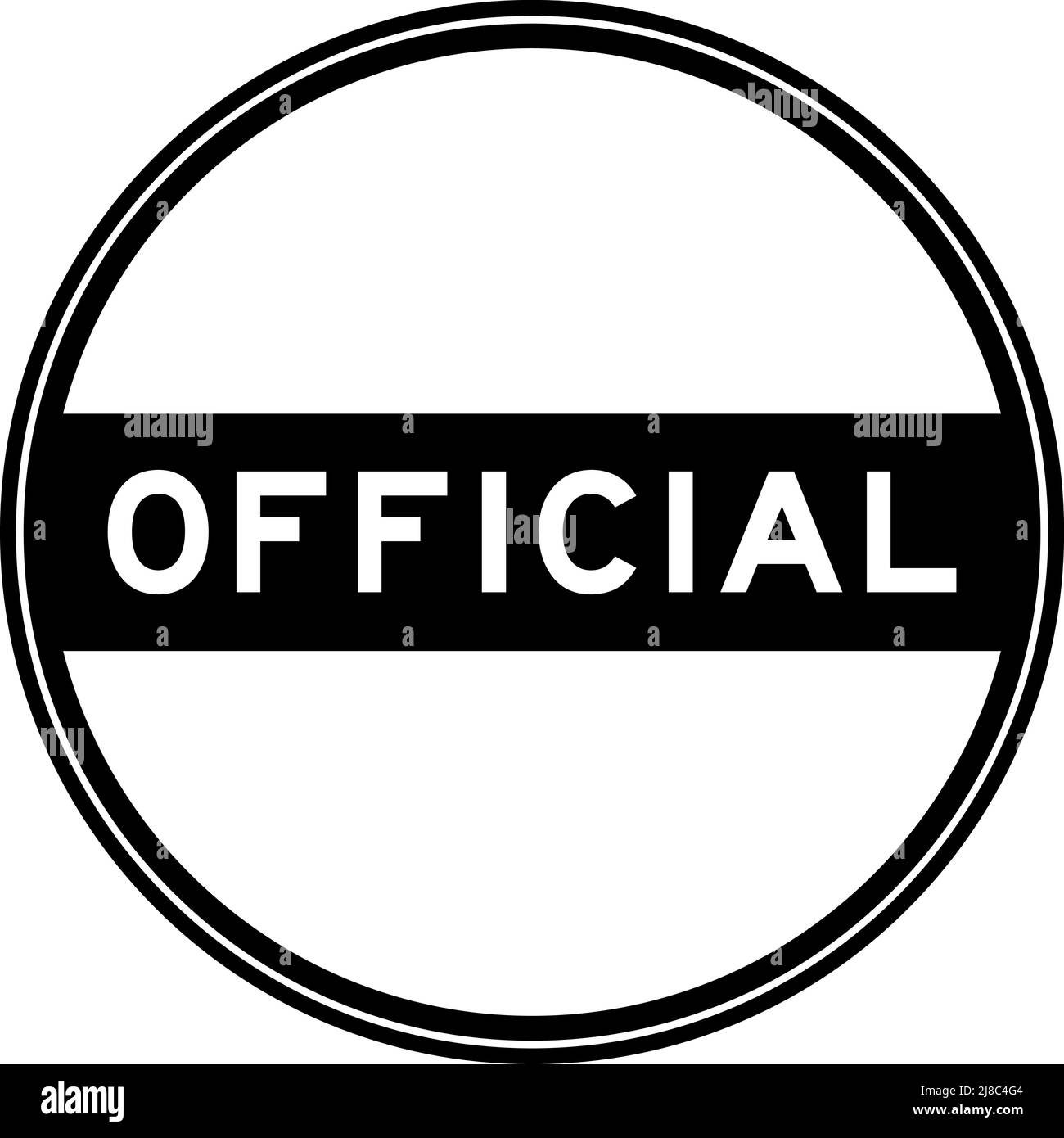Black color round seal sticker in word official on white background ...