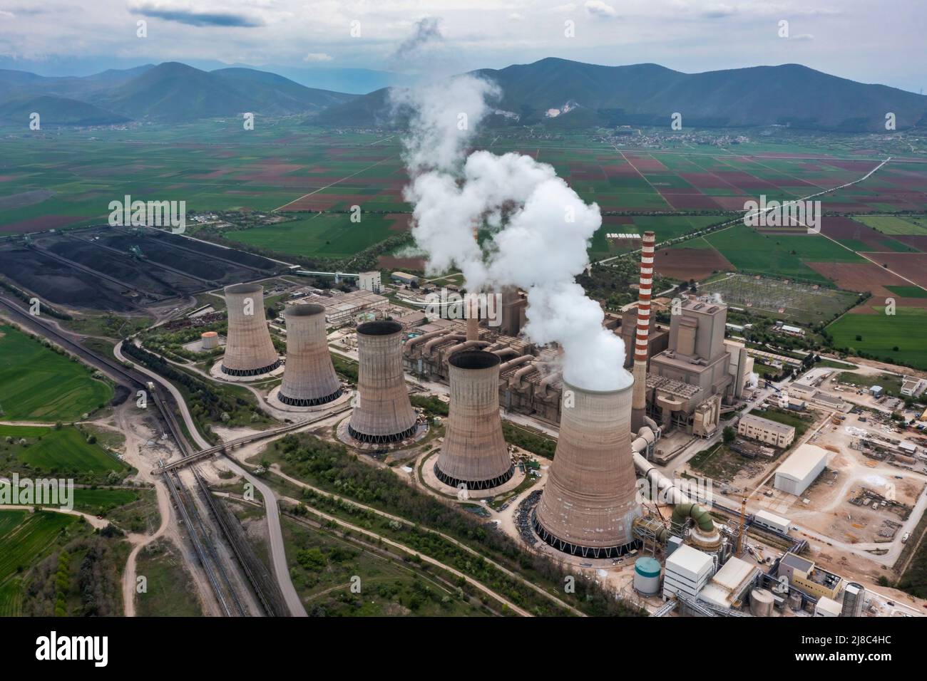 Aerial view the coal-fired power plant at Kozani in northern Greece ...